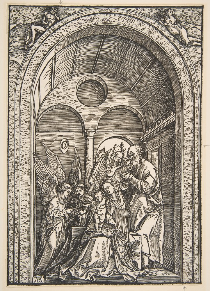 La Sagrada Familia con dos ángeles en un salón abovedado, ca. 1503