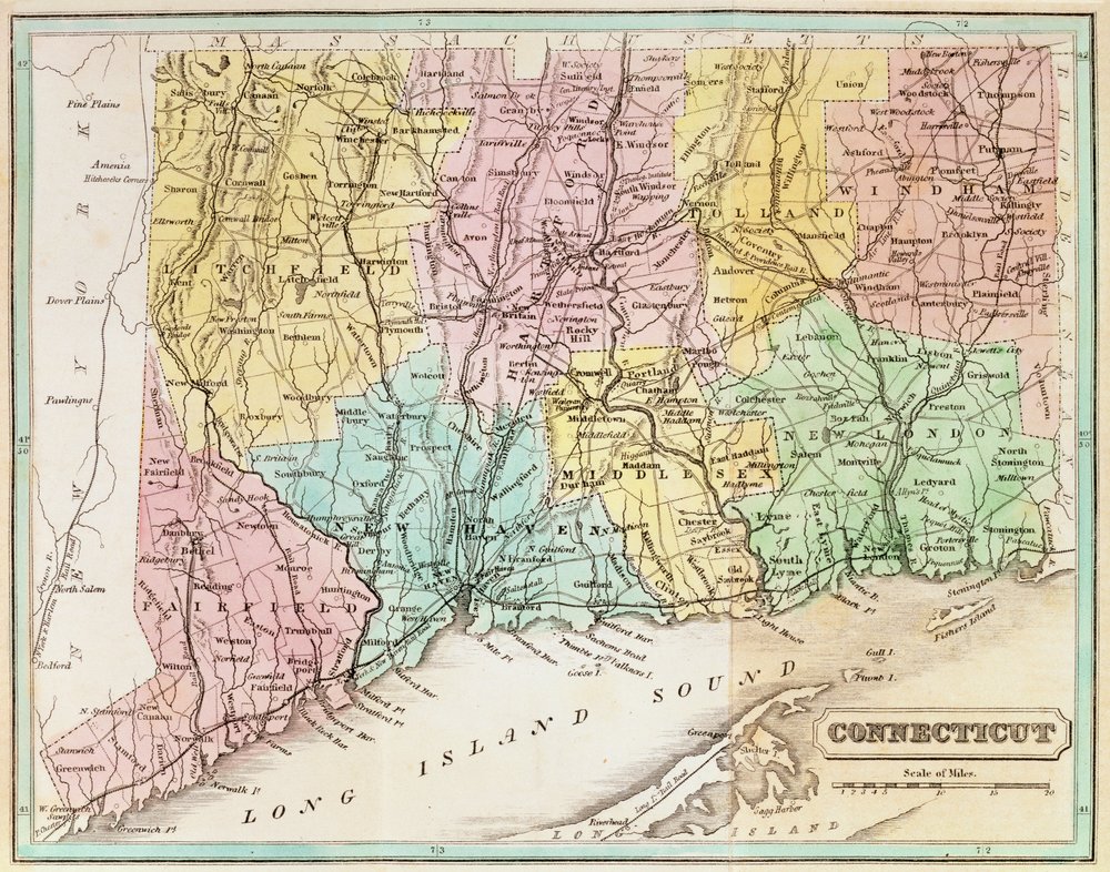 Mapa de Connecticut, de 'Connecticut Historical Collections' por John Warner Barber, 1856