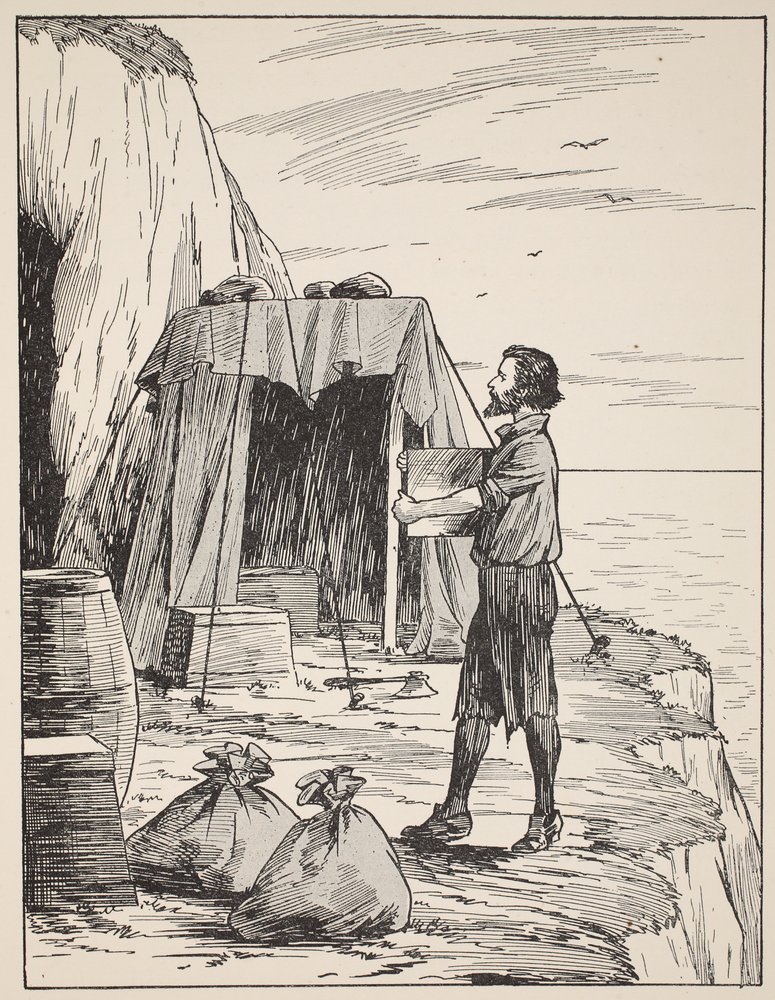 Robinson Crusoe construyendo su refugio, ilustración de La historia de ...