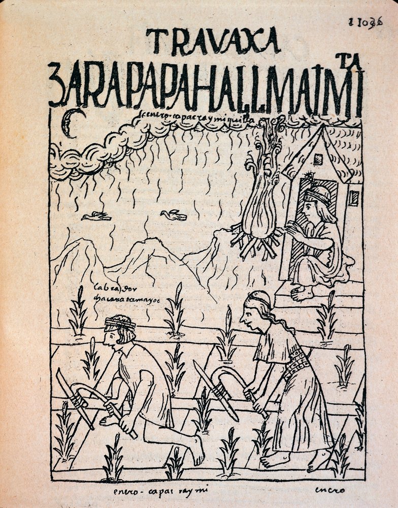 Una pareja de Hatun Runa Inca trabajando en los campos en enero