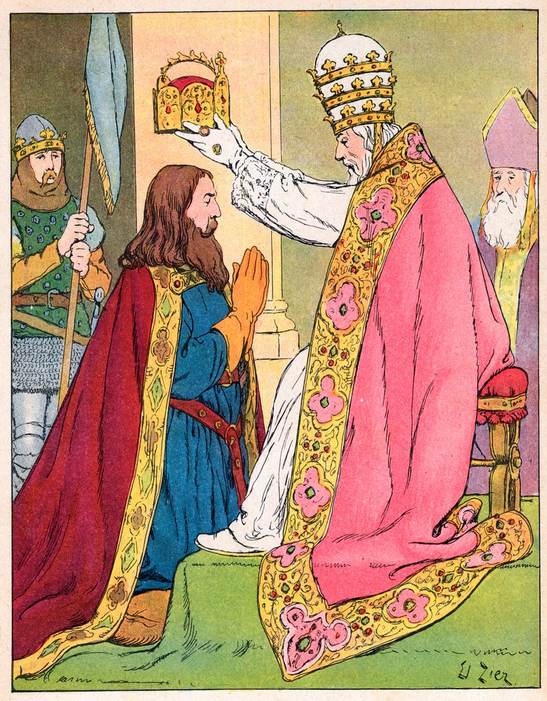 Carlomagno (742-814) coronado por el Papa León III (c750-816) en la ...
