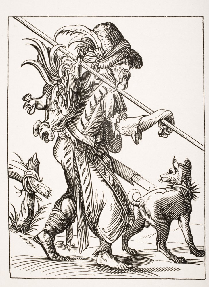 El pollero, según una ilustración del siglo XVI dibujada y grabada por ...