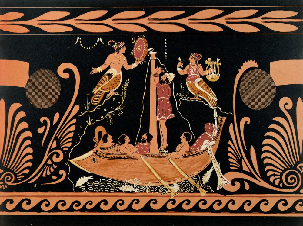 Ulises y las sirenas, ilustración de un jarrón griego antiguo