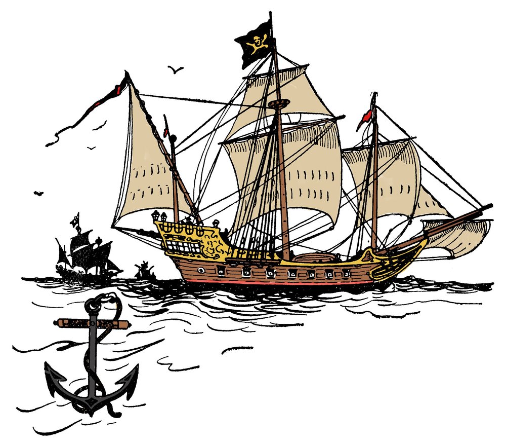 Un barco pirata frente a la Isla Tortuga en el Mar Caribe. Ilustración ...