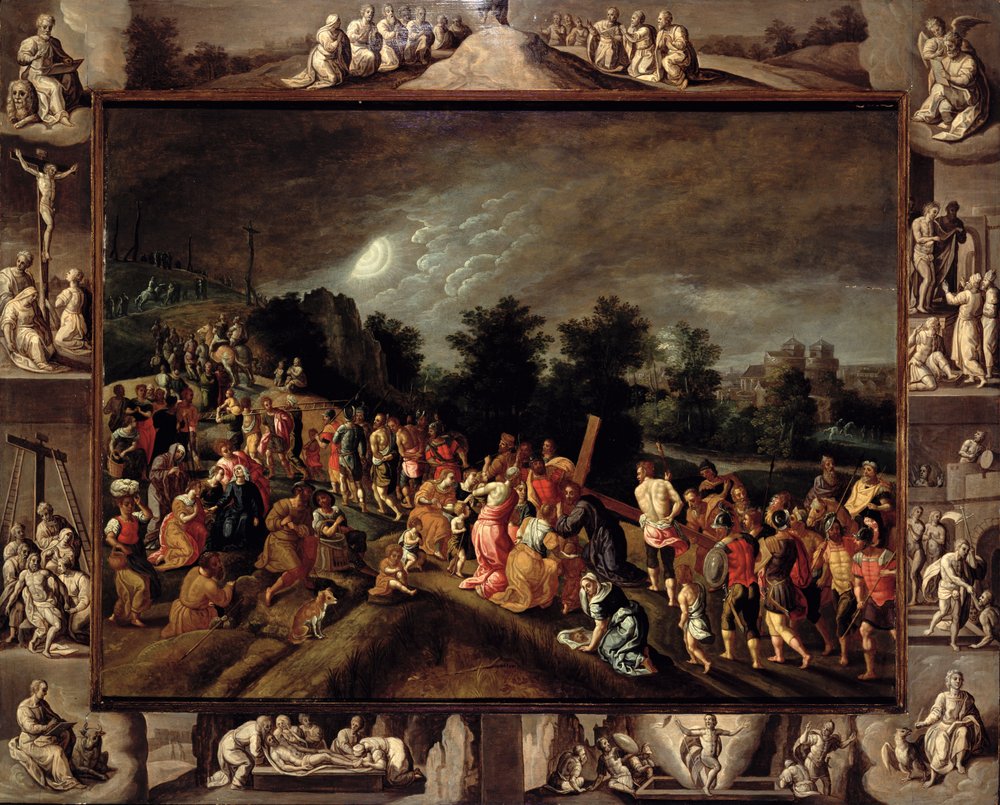 El camino al Calvario, representado en el panel central y escenas de la ...