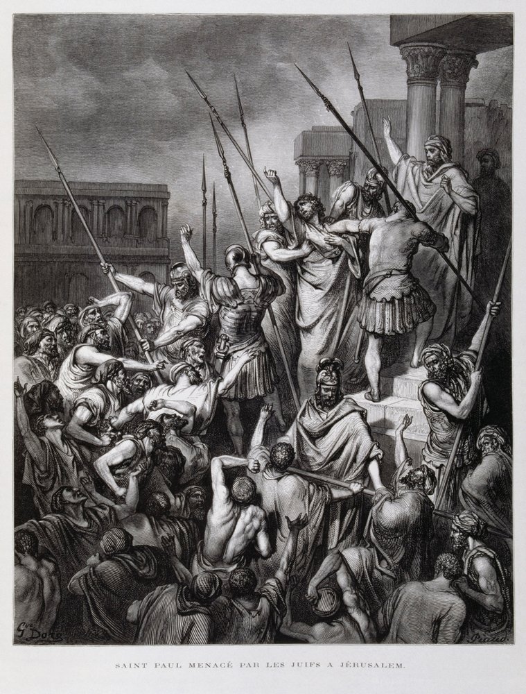 San Pablo atacado por los judíos de Jerusalén, Ilustración de la Biblia ...