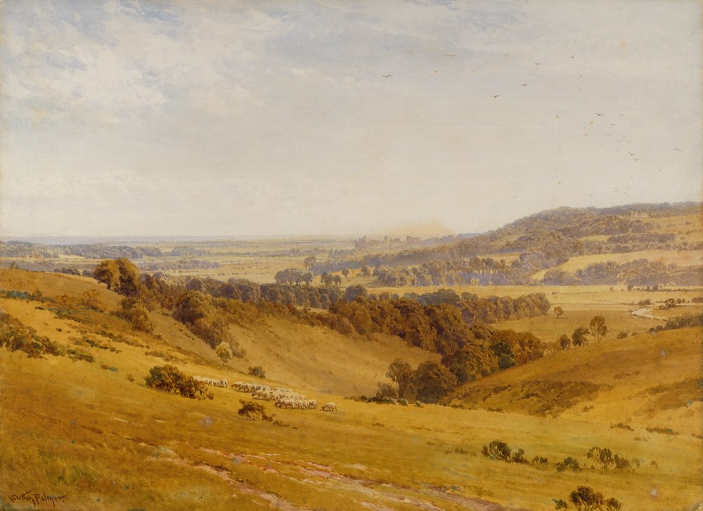 Una vista lejana del castillo de Arundel (lápiz y acuarela)