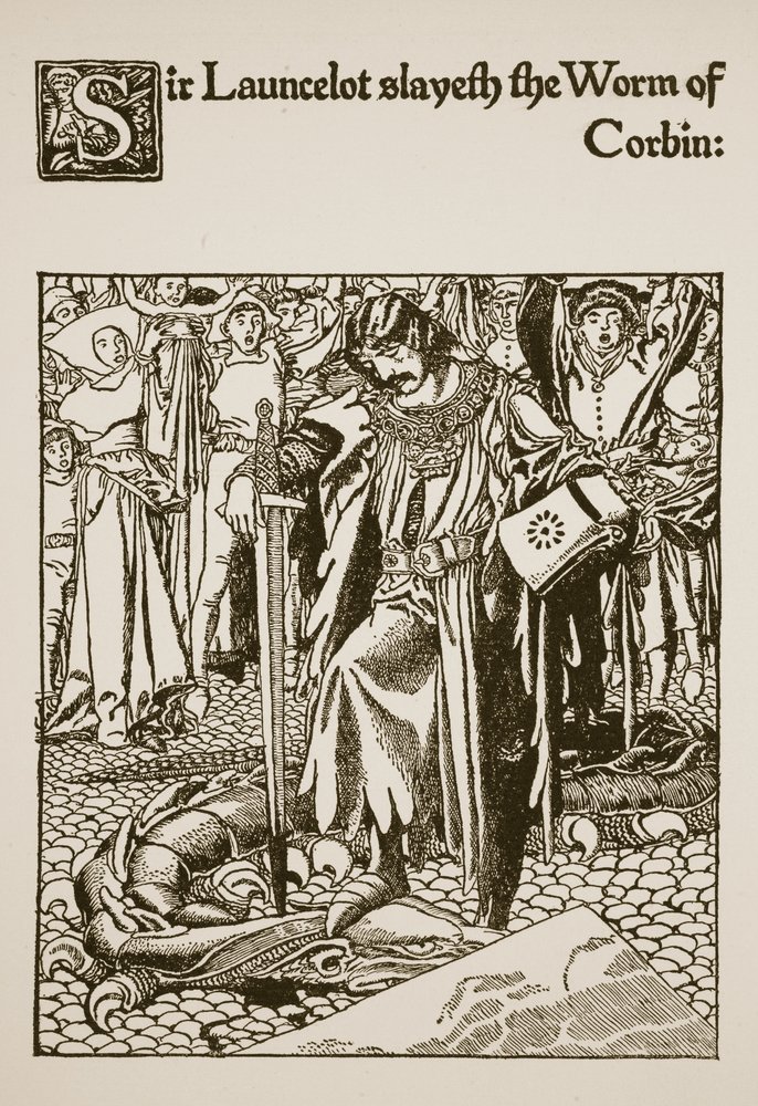 Sir Launcelot mata al gusano de Corbin, ilustración de 'La historia de ...