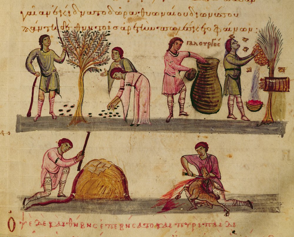 Trabajando en los campos, ilustración del Cynegetica de Oppian