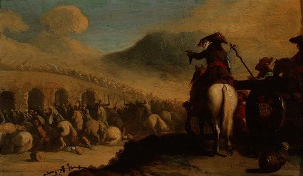 Oficiales observando un enfrentamiento en un puente