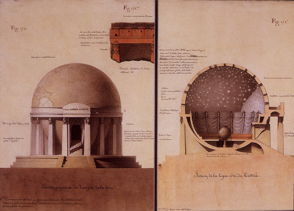 El Templo de la Tierra - Elevación y Corte por Lequeu