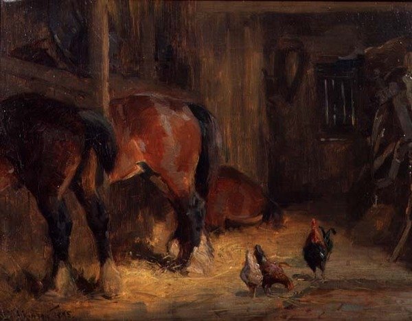 Interior de un Establo con Caballos y Gallinas