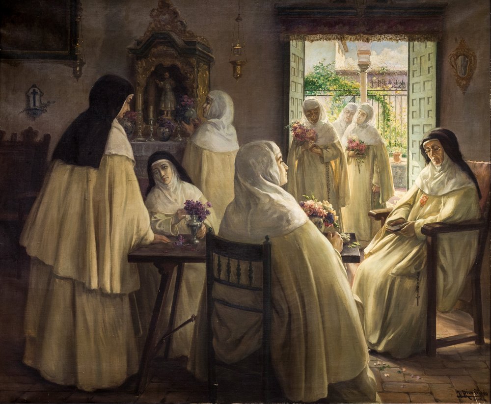 Interior de convento con escenas de monjas mercedarias