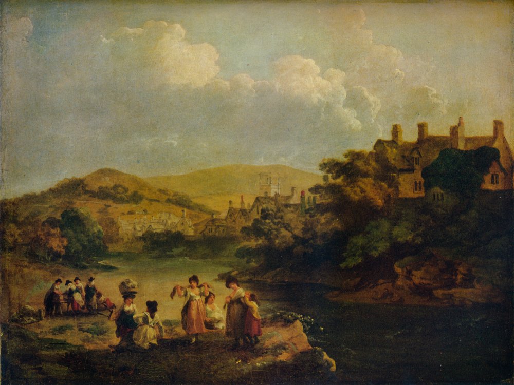 Mujeres lavando ropa en un arroyo galés, 1790