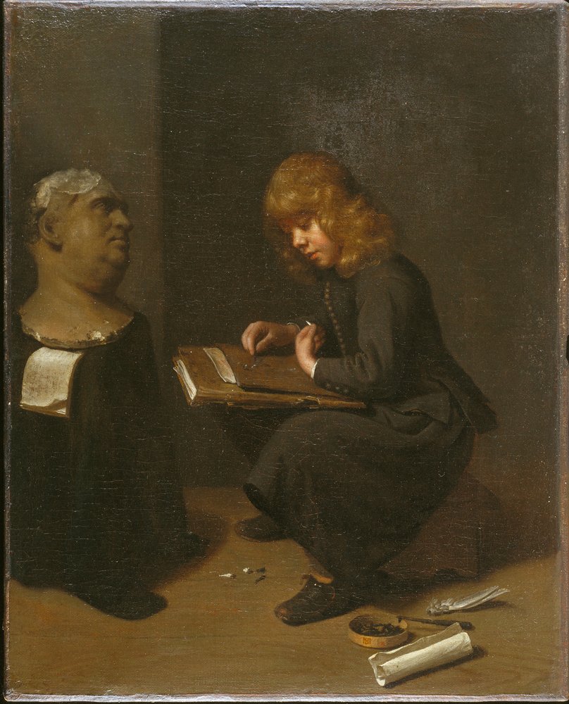 Niño dibujando frente al busto de un emperador romano, c.1661