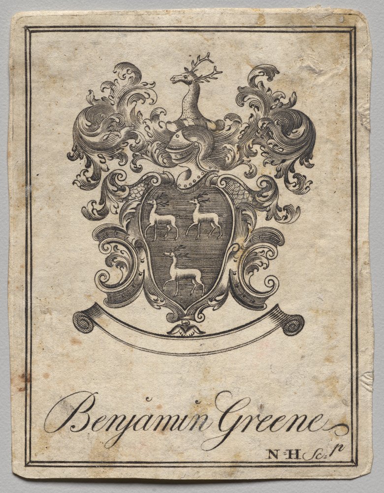 Ex libris: Escudo de armas con la inscripción Benjamin Greene