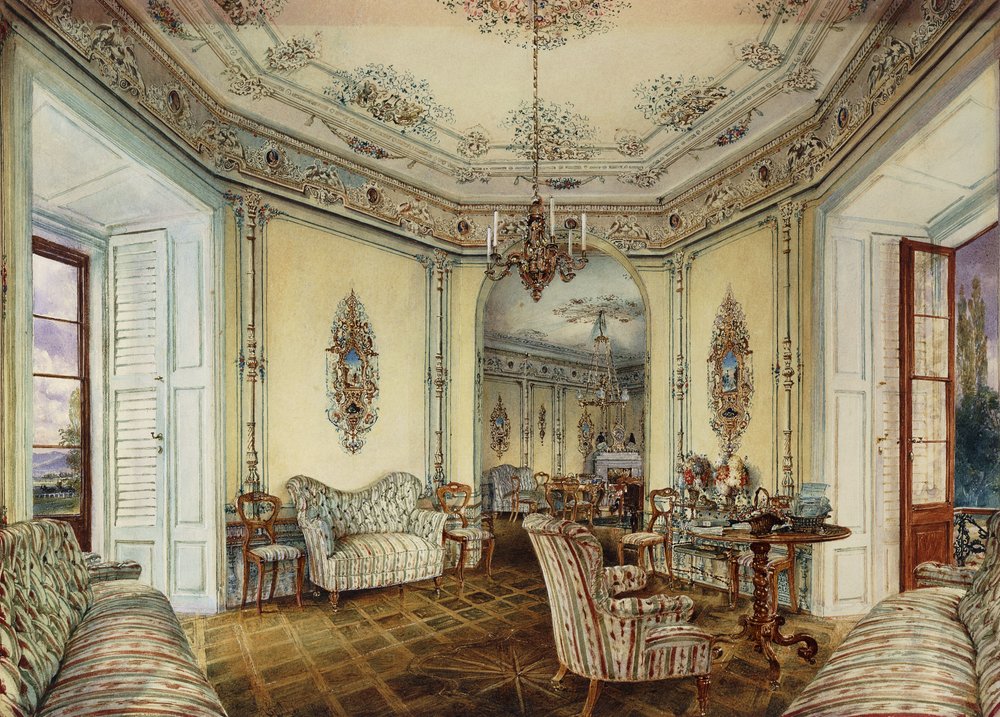 Vista interior del salón de un castillo en Obertwaltersdorf