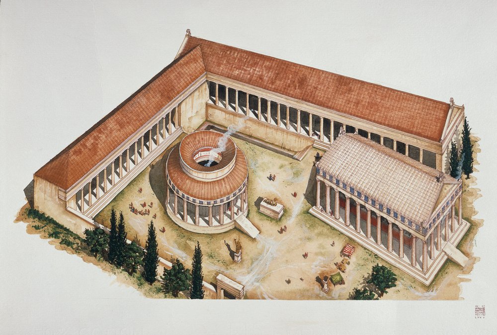 Tholos ceremonial circular y templo de Asclepio, Epidauro, siglo IV a.C.