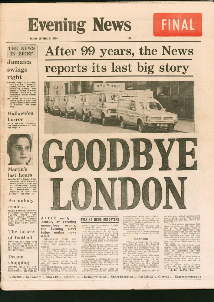 Edición final del periódico Evening News, 1980