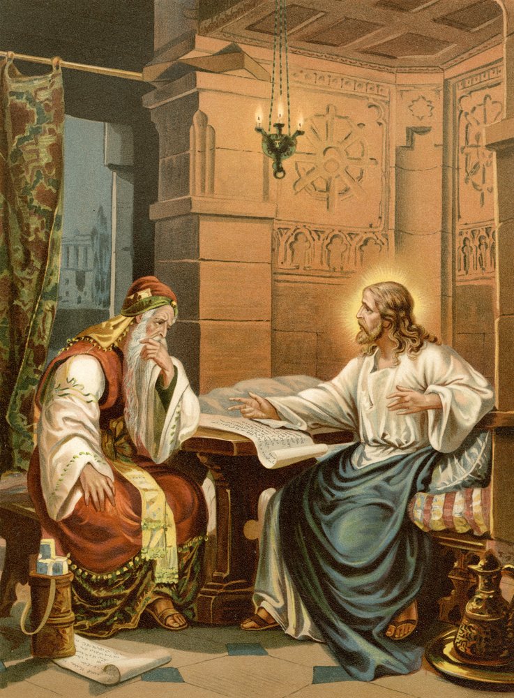 Conversación de Cristo con Nicodemo (litografía en color)