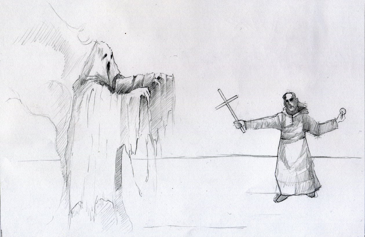 Pelea entre un monje que sostiene un crucifijo y un fantasma ...