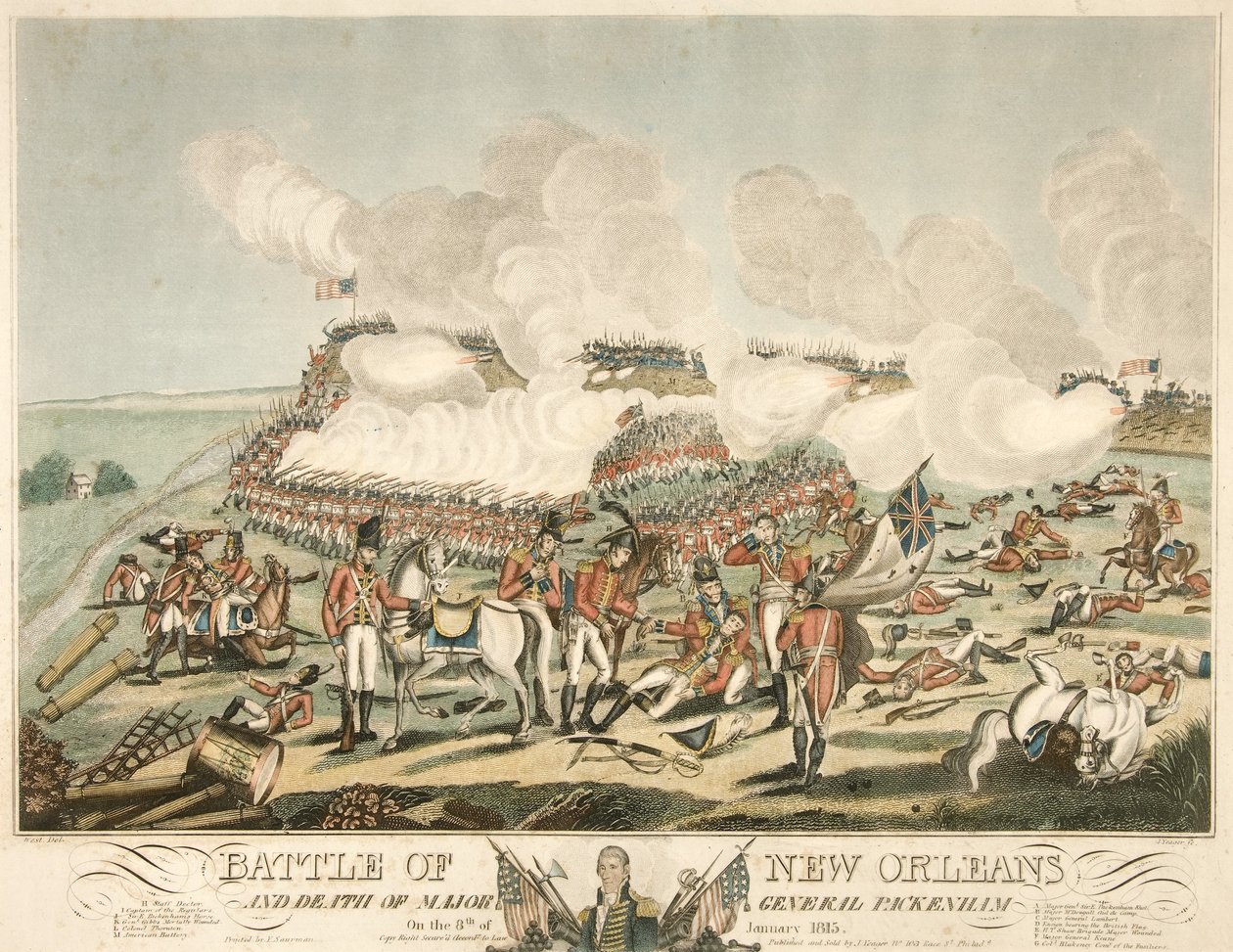 Batalla de Nueva Orleans y muerte del Mayor General Packenham el 8 de enero de 1815, pub. 1815