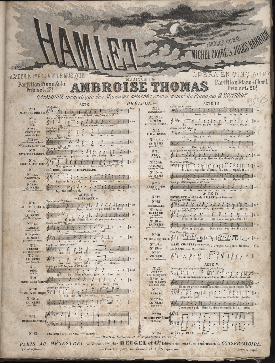 Partitura de 'HAMLET' ópera de Ambroise Thomas en cinco actos sobre un ...