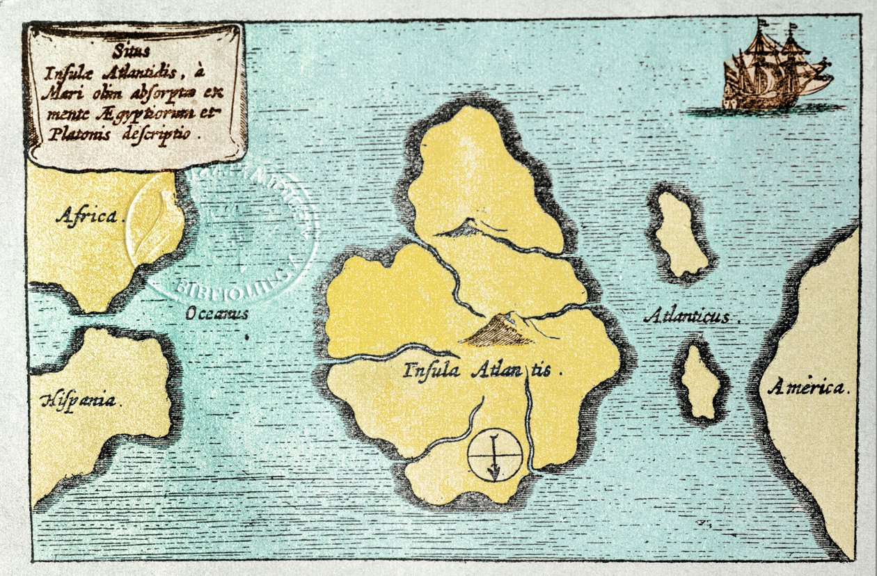 Mapa de la isla legendaria de la Atlántida - del Mundus Subterraneus de ...