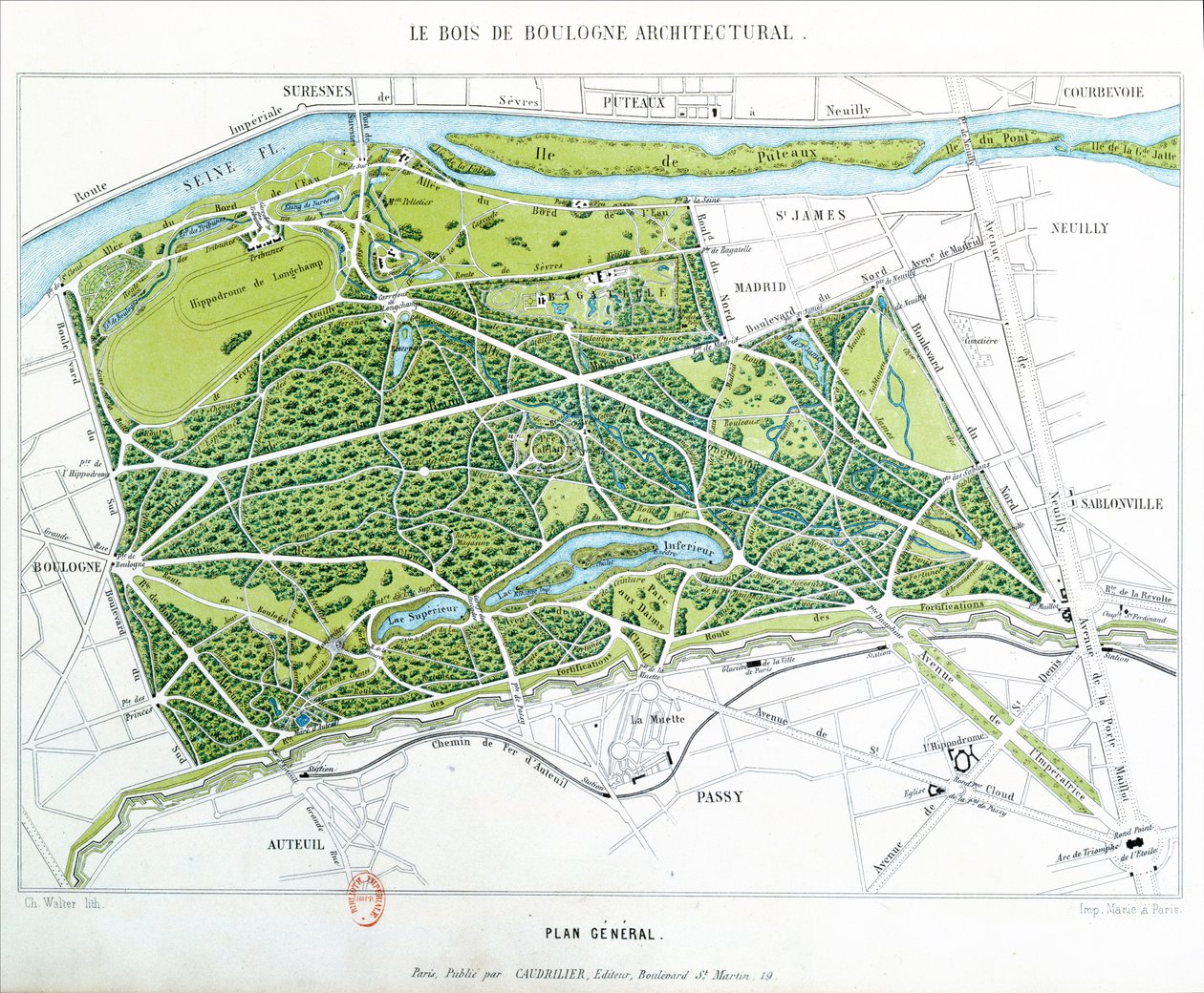 Plano del Bois de Boulogne en París, publicado por Caudrilier, 1860