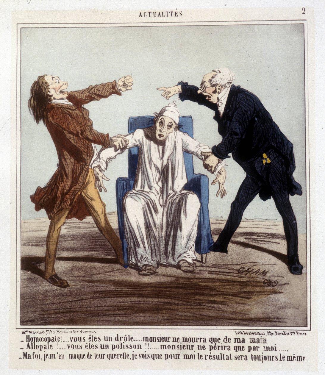 Caricatura sobre la alopatía y la homeopatía por Cham