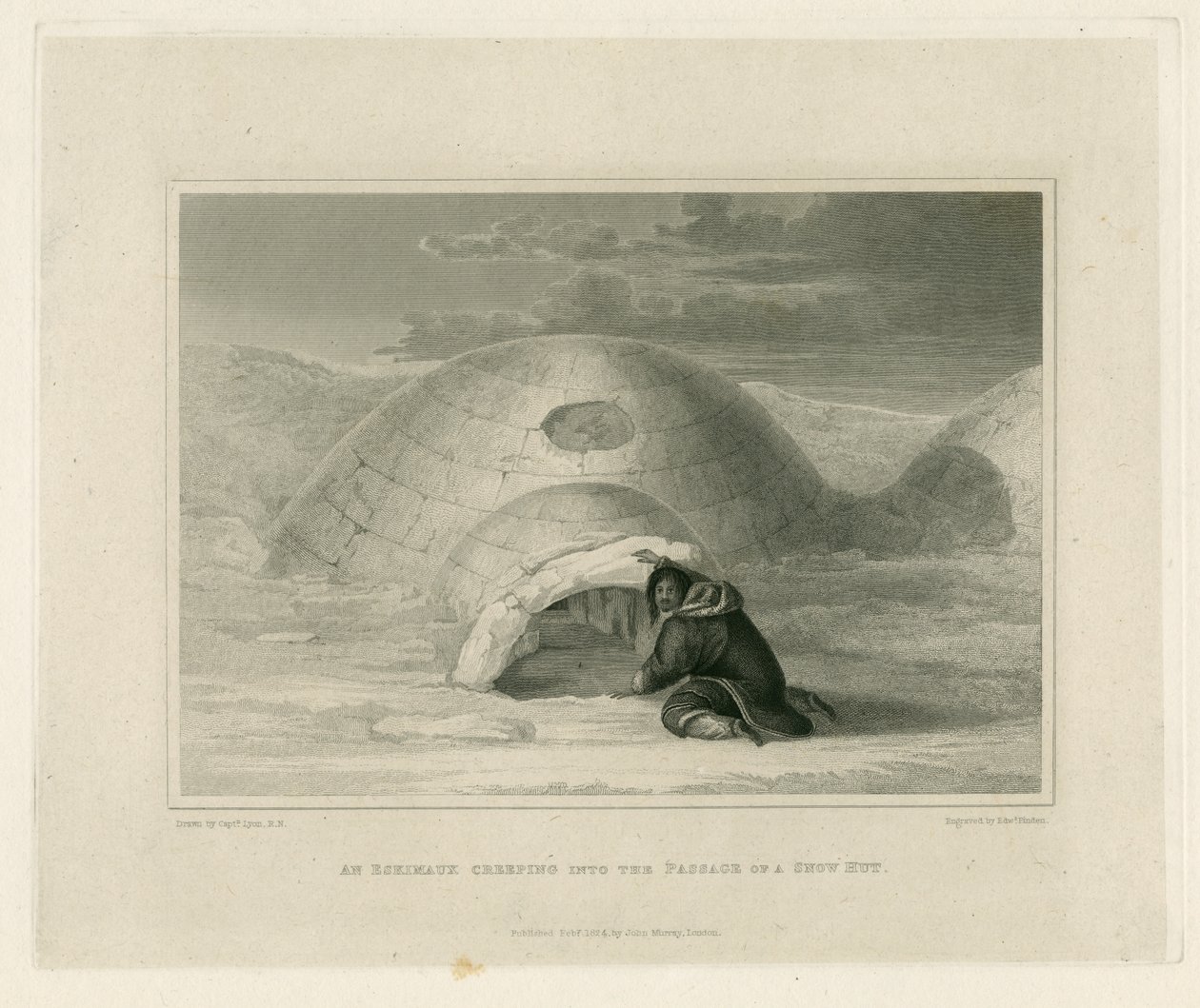 Un esquimal se arrastra por el pasadizo de una cabaña de nieve