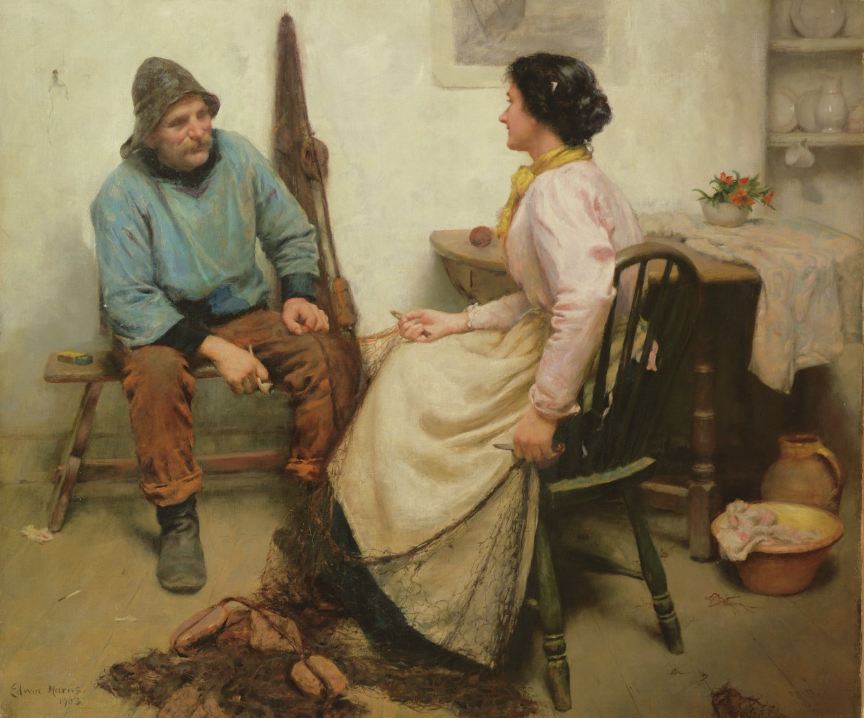 Remendando las redes | Edwin Harris | Impresión de arte