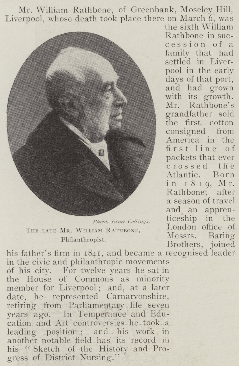 El difunto Mr William Rathbone, Filántropo