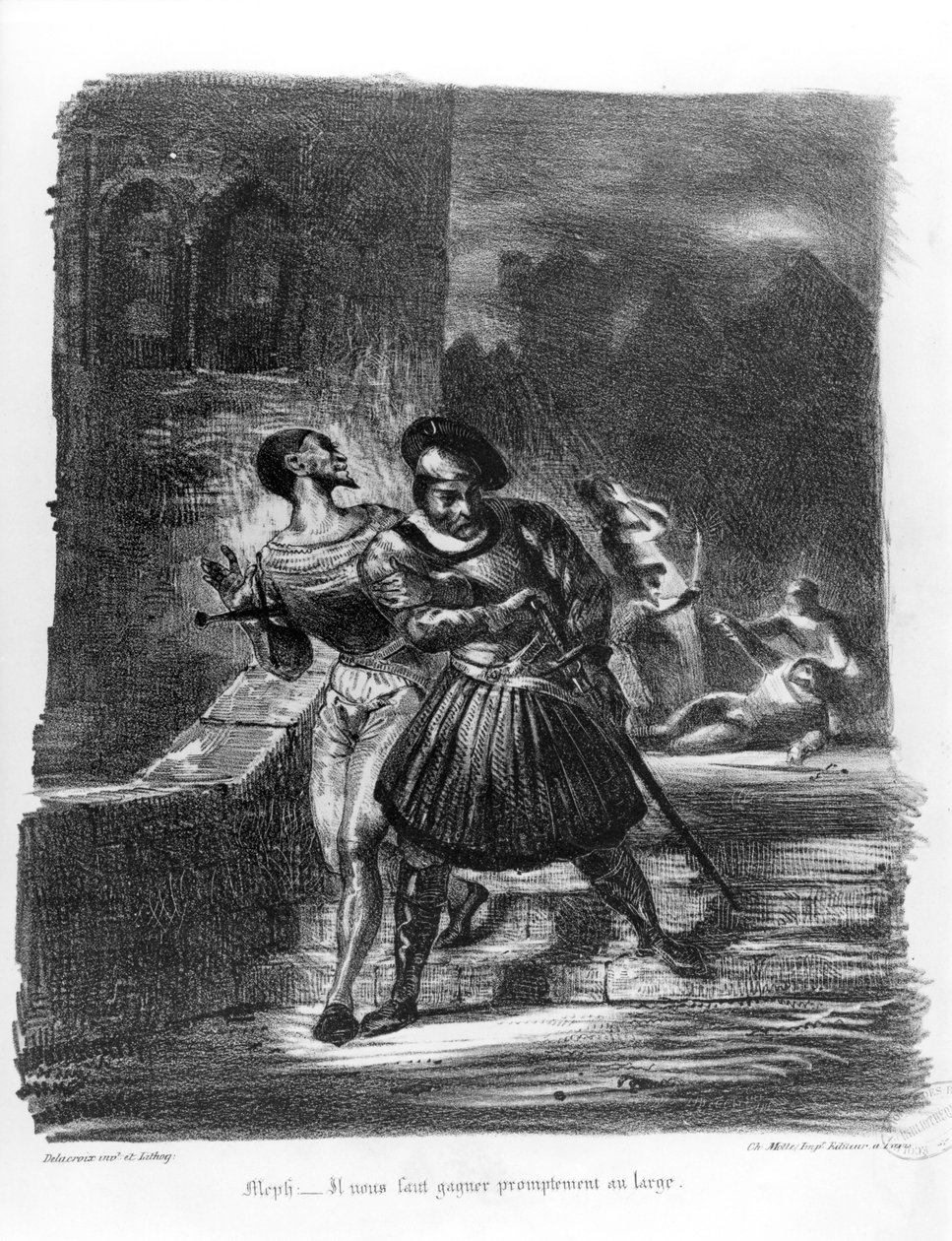 Mefistófeles y Fausto escapando después de la muerte de Valentín, de ...