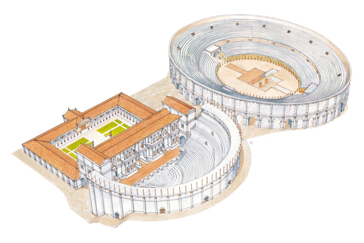 Teatro y anfiteatro romano. Reconstrucción. Mérida, España