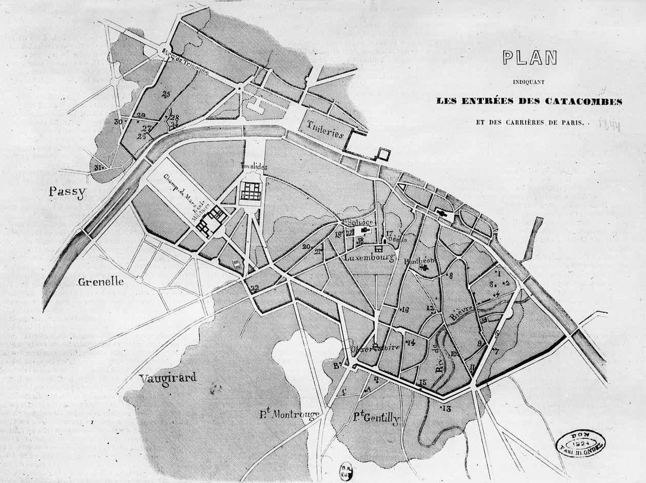 Plano de las Entradas a las Catacumbas y las Canteras en París, 1844
