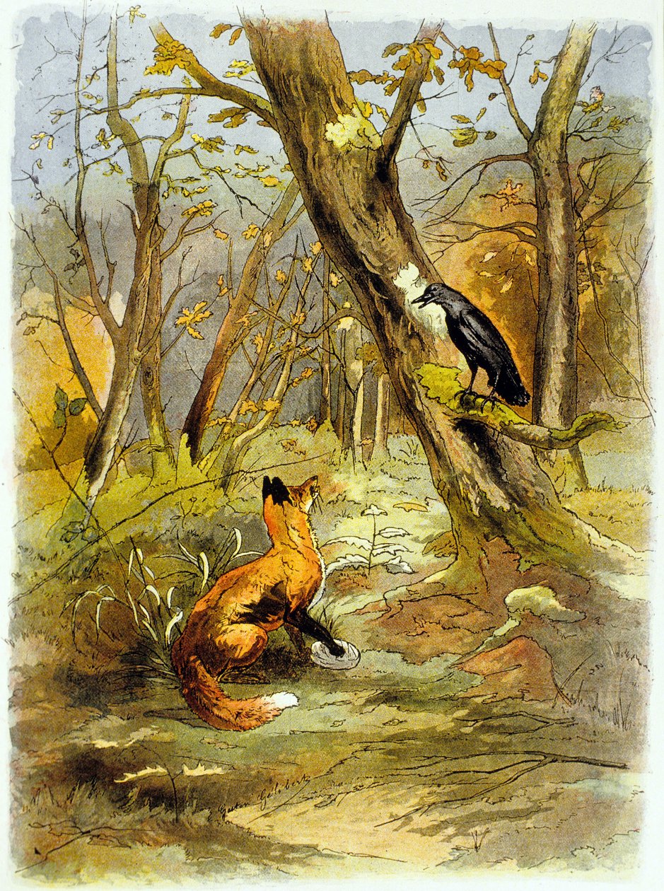 Fábula de La Fontaine: El cuervo y el zorro (ilustración, c. 1900)