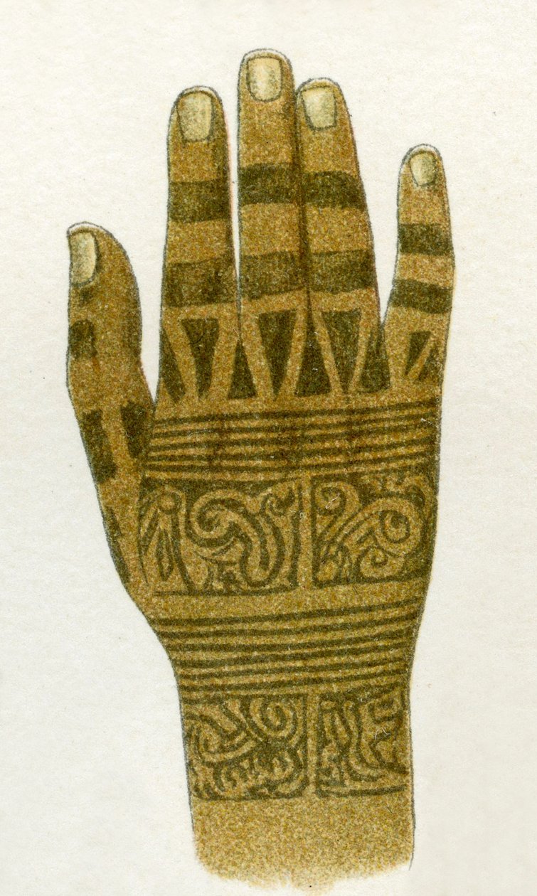 Ejemplo de diseños de tatuajes en la mano de los dayak, Borneo, 1894