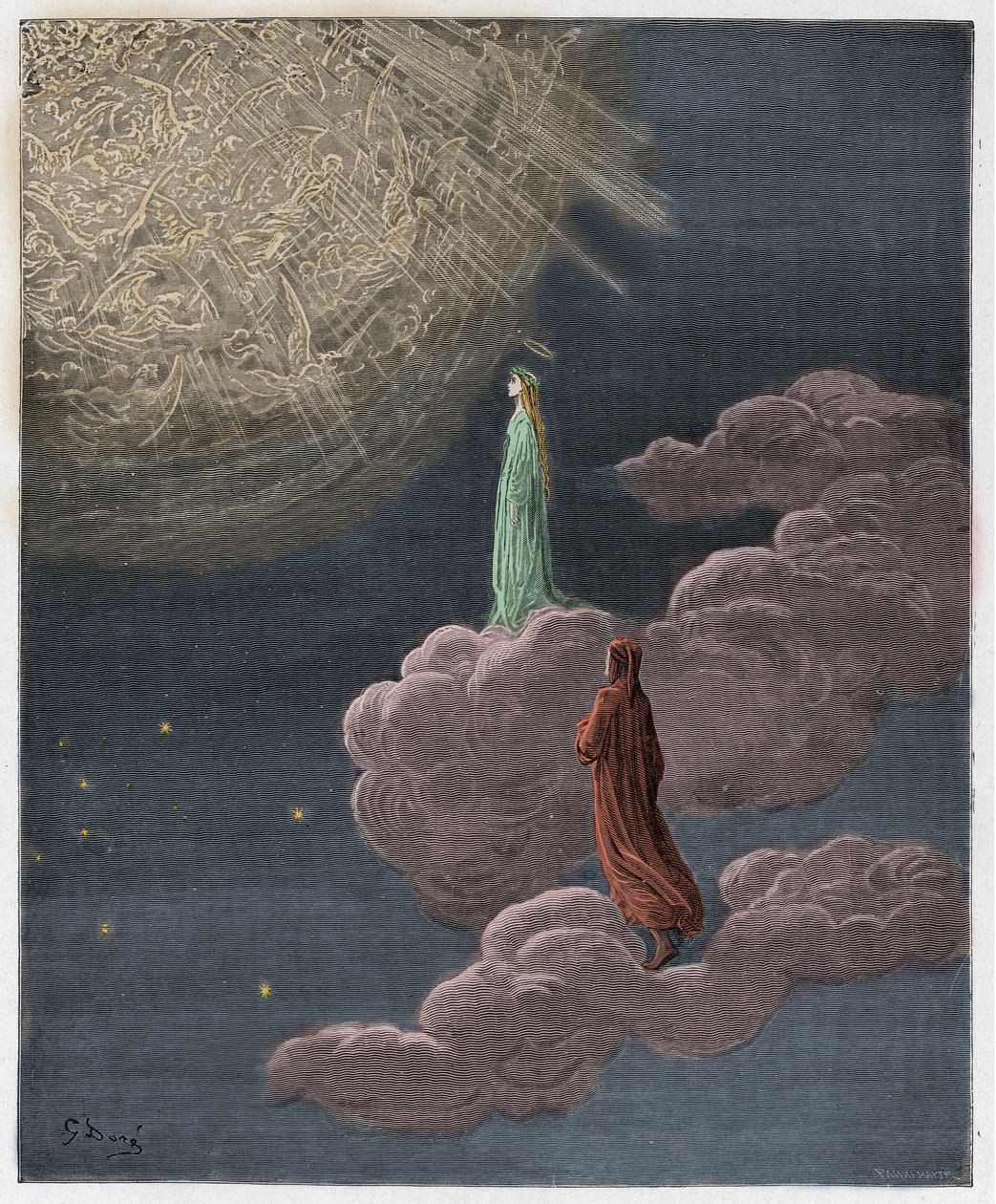 Paraíso, Canto 14: Dante y Beatriz trasladados a la esfera de Marte, ilustración de "La Divina ...
