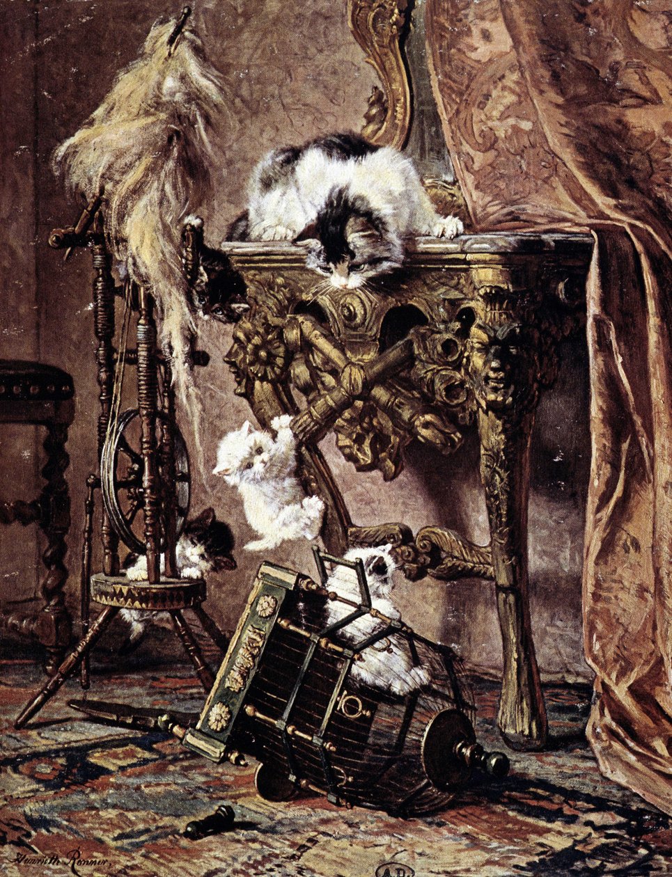 Un gato observa a sus gatitos jugar - por Henriette Ronner