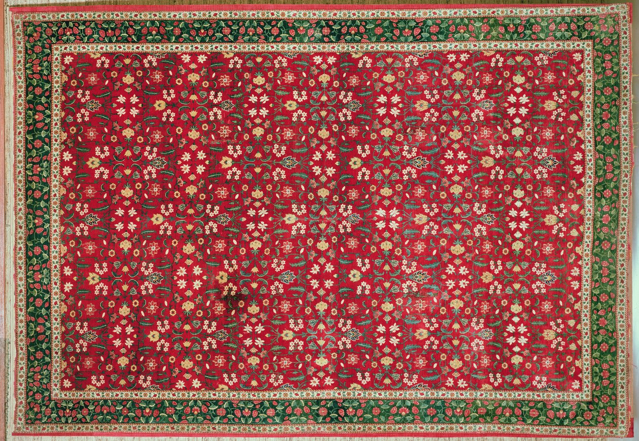 Alfombra mogol con diseño de flores y celosía, norte de India