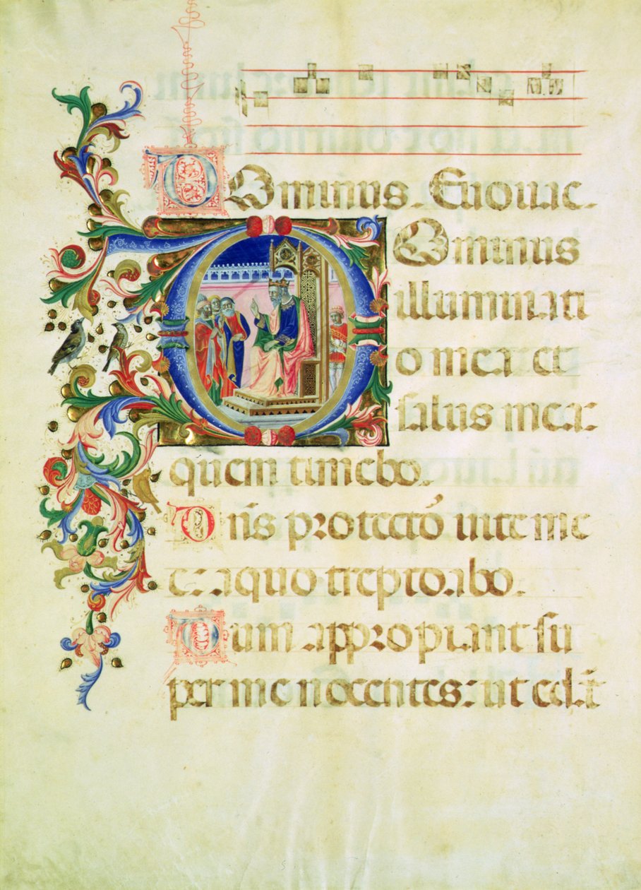 Inicial historiada "D" que representa al rey David en un trono hablando ...