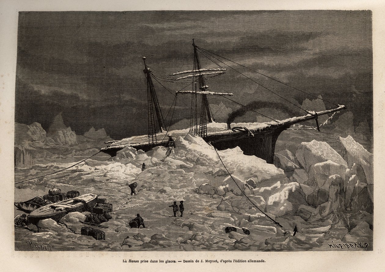 El barco alemán La Hansa atrapado en el hielo. Grabado después del ...