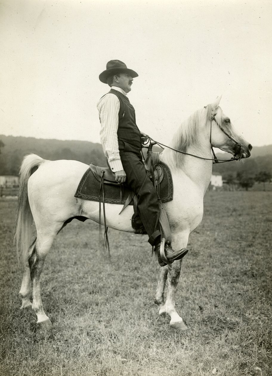 Homer Davenport caricaturista en su caballo árabe, c.1905-12