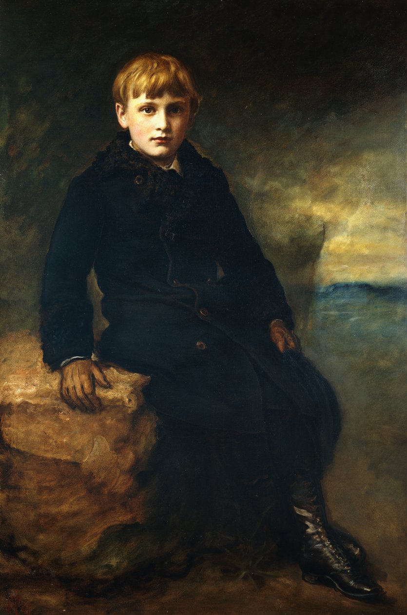 Retrato de Cecil Webb, sentado de cuerpo entero, con un abrigo negro ...