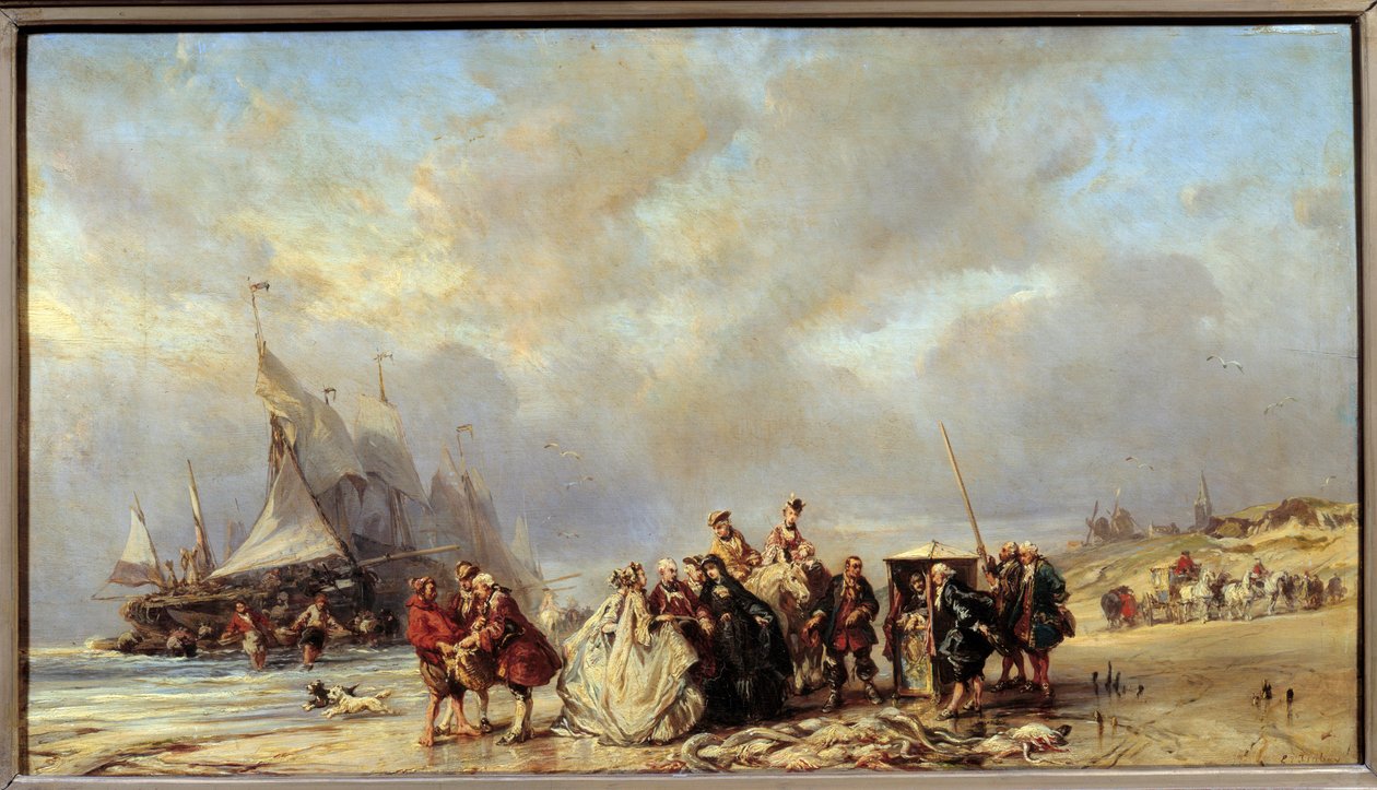 Señores en la playa de Scheveningen comprando pescado (siglo XVIII)