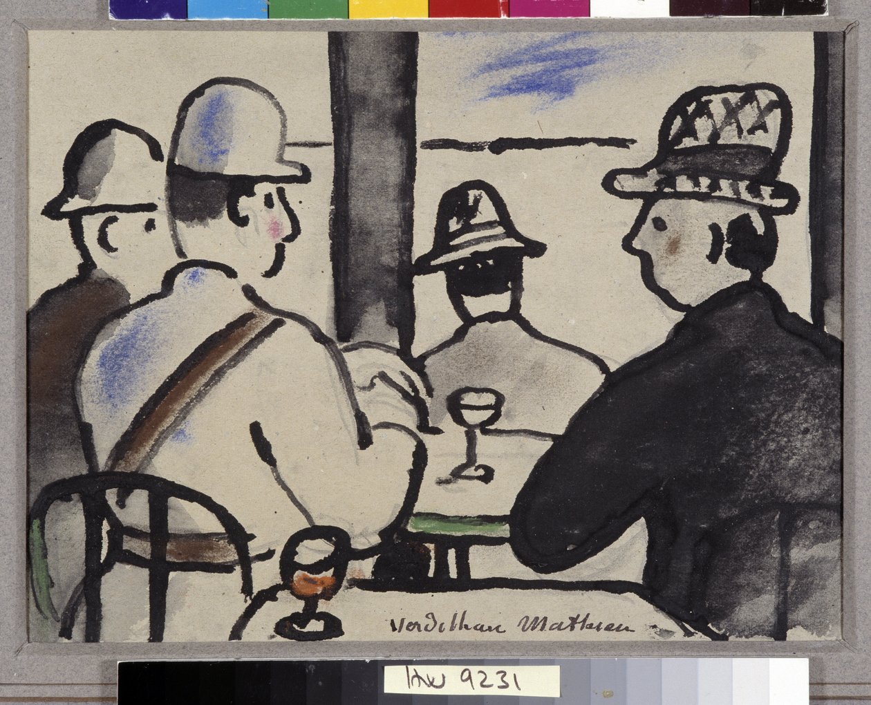 Cuatro personajes en el bar (acuarela) | Impresión de arte