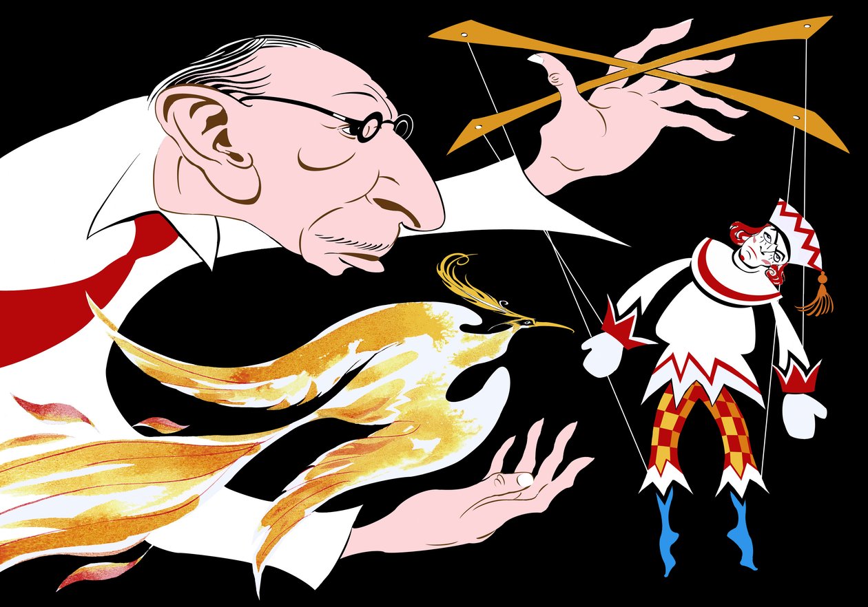Igor Stravinsky: caricatura del ruso con un pájaro de fuego y Petruskha ...