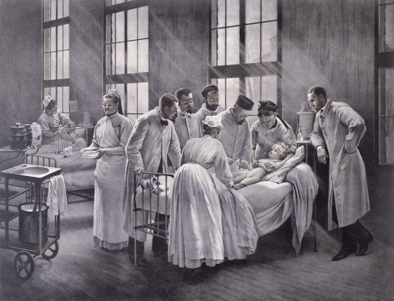 La difteria curada por el Doctor Roux, grabado por E. Buval