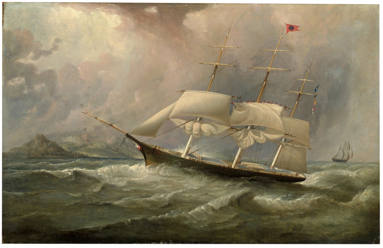El barco clipper de la línea Black Ball Ocean Chief reduciendo velas en ...